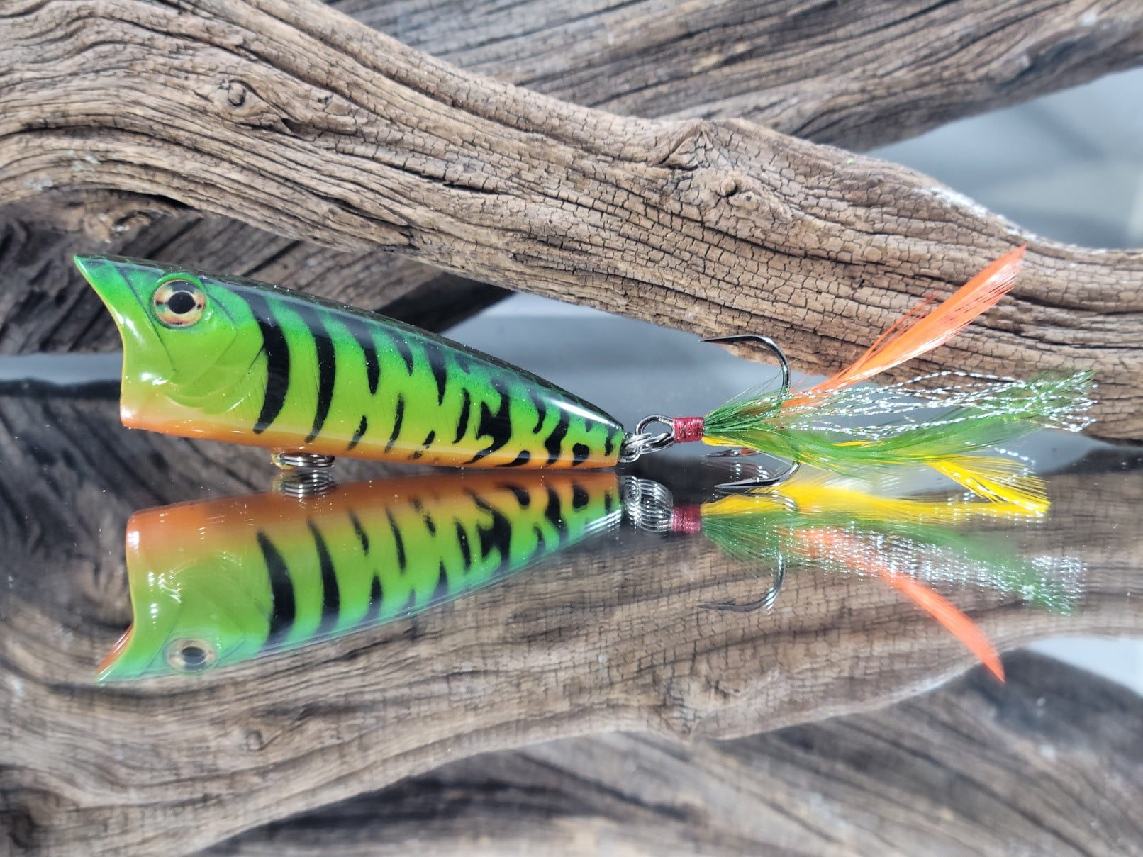 Louder 80 style popper - Fluoro Fire Tiger – Clyde's Cranks